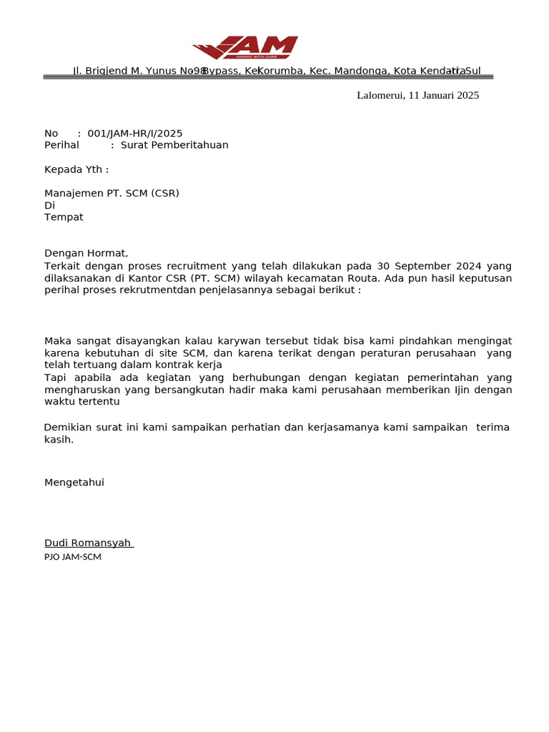 Surat - Pemberitahuan CSR | PDF