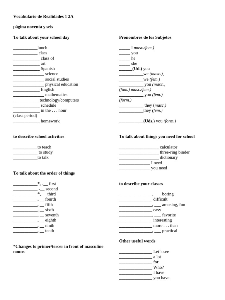 Realidades 1 Chapter 2A Vocabulary | PDF | Grammatical Gender | Lexical ...