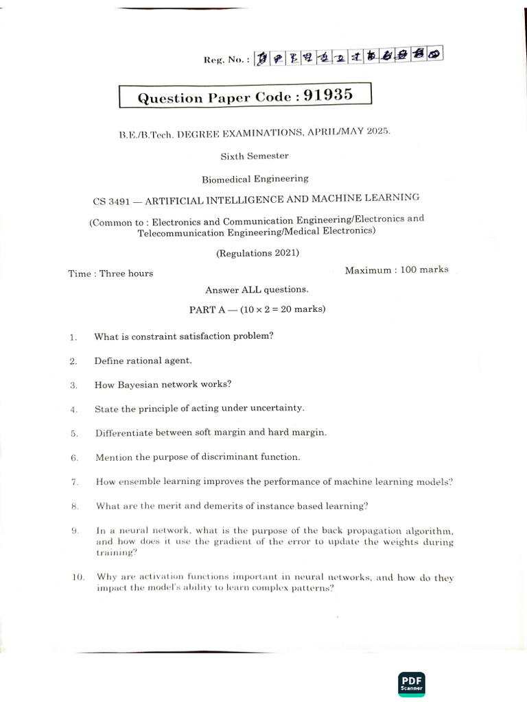 AI ML Question Paper 2025 ECE | PDF