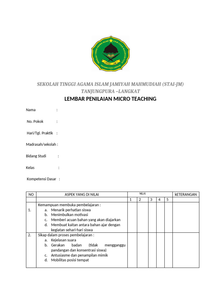 Lembar Penilaian Micro Teaching | PDF