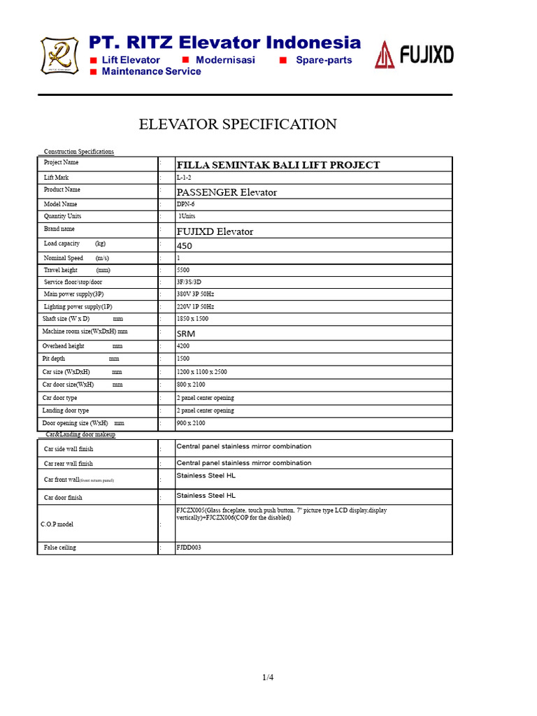 Specification Lift-00103-2-450kg Pass Lift Filla Seminyak Bali-18!2!25 | PDF | Elevator | Door