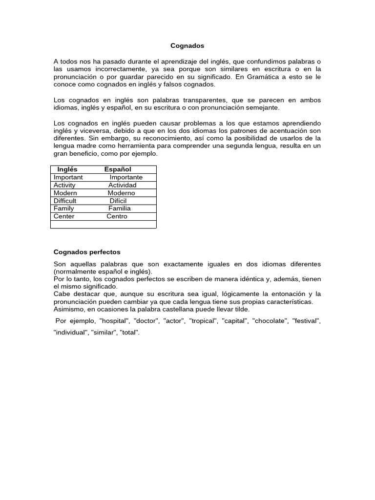 Los Cognados | PDF | Lengua española | Idioma en Inglés