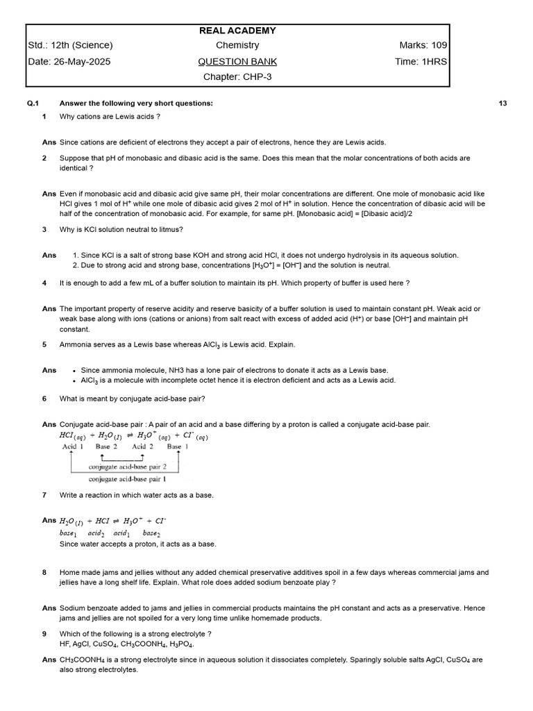 Chemistry Class 12 Question Bank | PDF | Acid | Ph