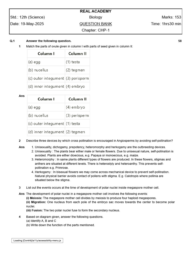 Question Bank of Bio | PDF | Flowers | Fertilisation
