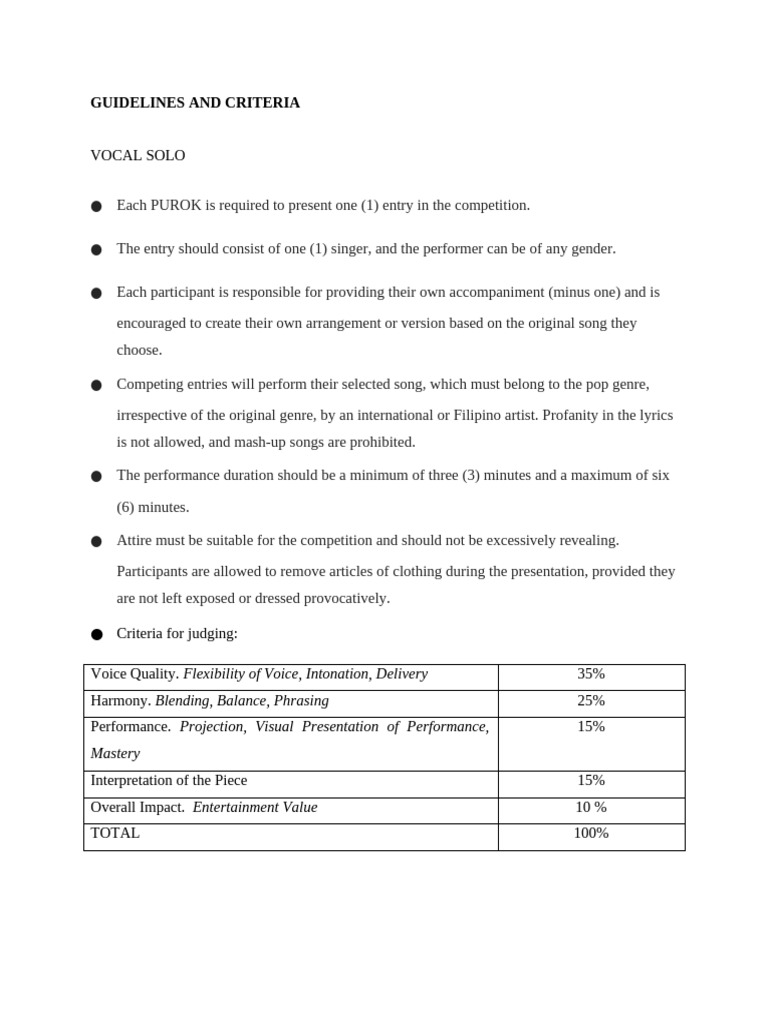 Vocal Solo (Guidelines, Criteria, & Budget) | PDF | Performing Arts