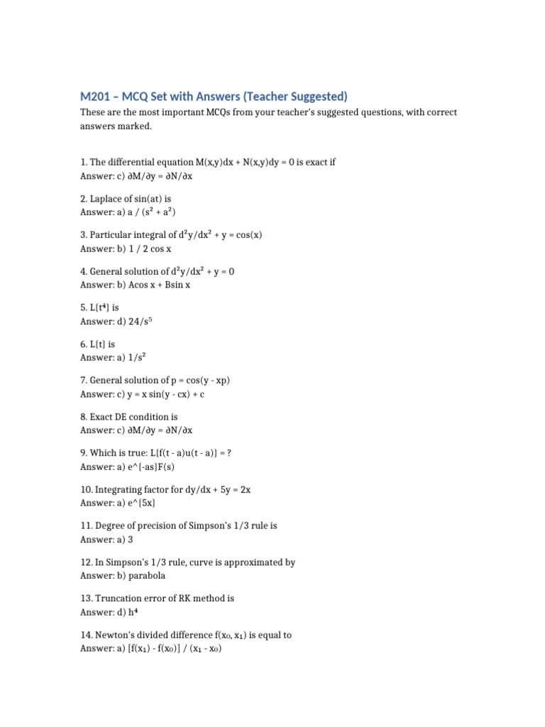 M201_50_MCQ_with_Answers | PDF | Mathematical Analysis | Applied Mathematics