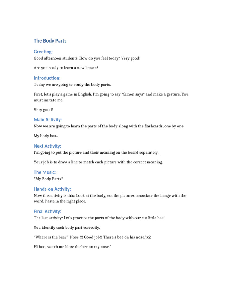 The Body Parts Lesson Plan | PDF
