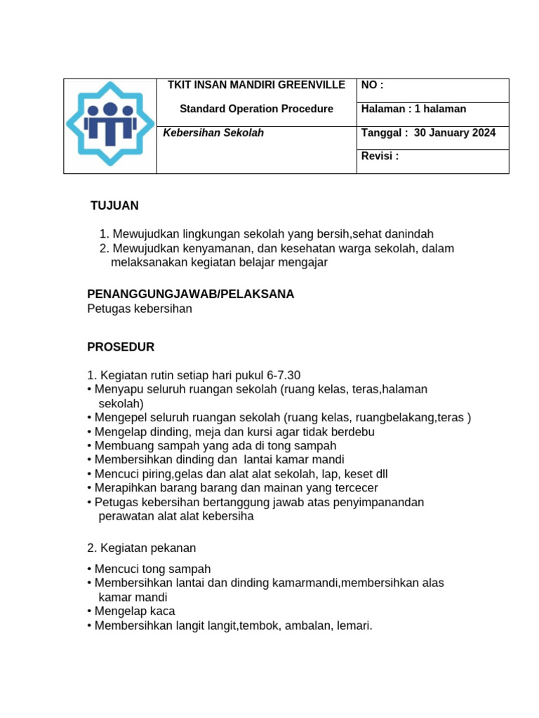 SOP Kebersihan Sekolah - TKIT IMG | PDF