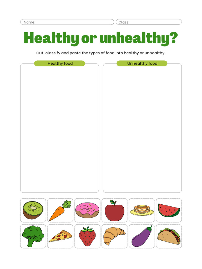 Colorful Illustrative Healthy and Unhealthy Food Worksheet | PDF