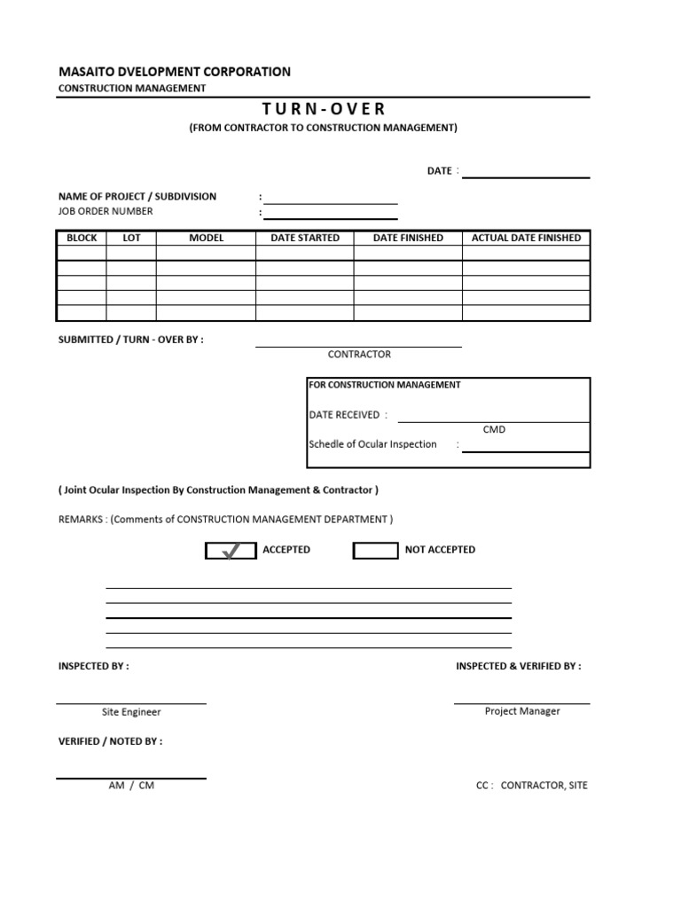 TURNOVER FORM (Contractior To Construction) | PDF
