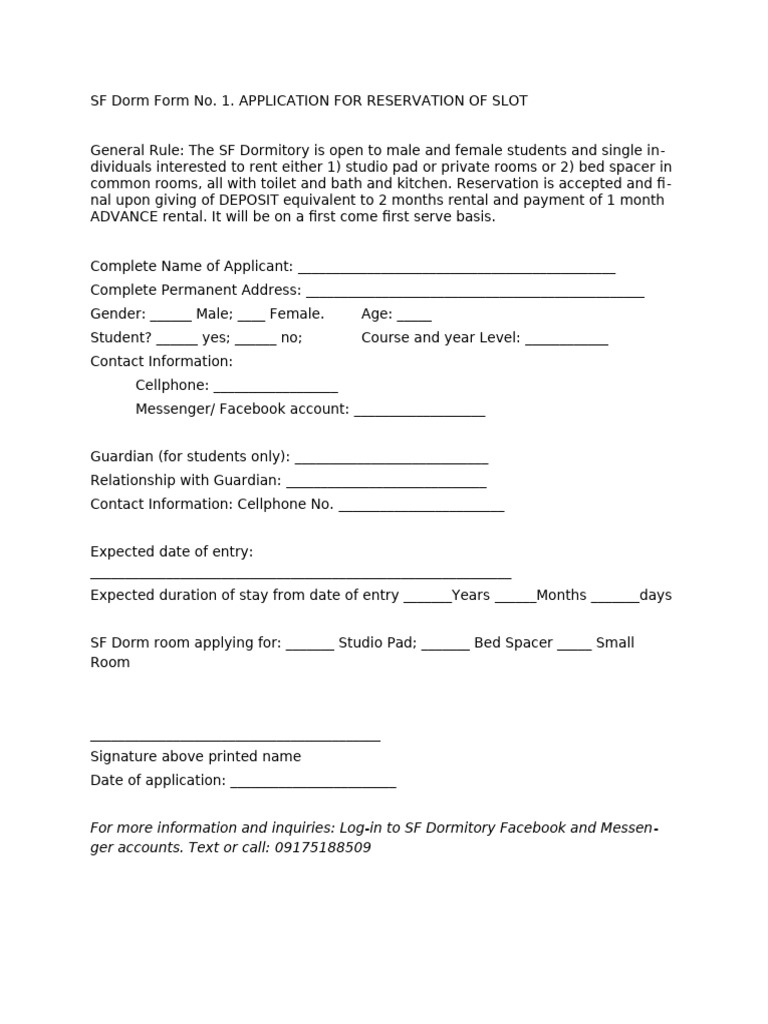 SF Dorm Form No 1 Application Form 2024 | PDF