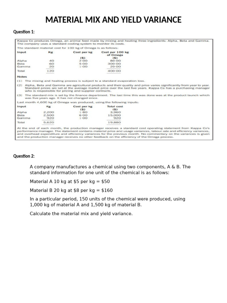Material Mix and Yield Variance | PDF