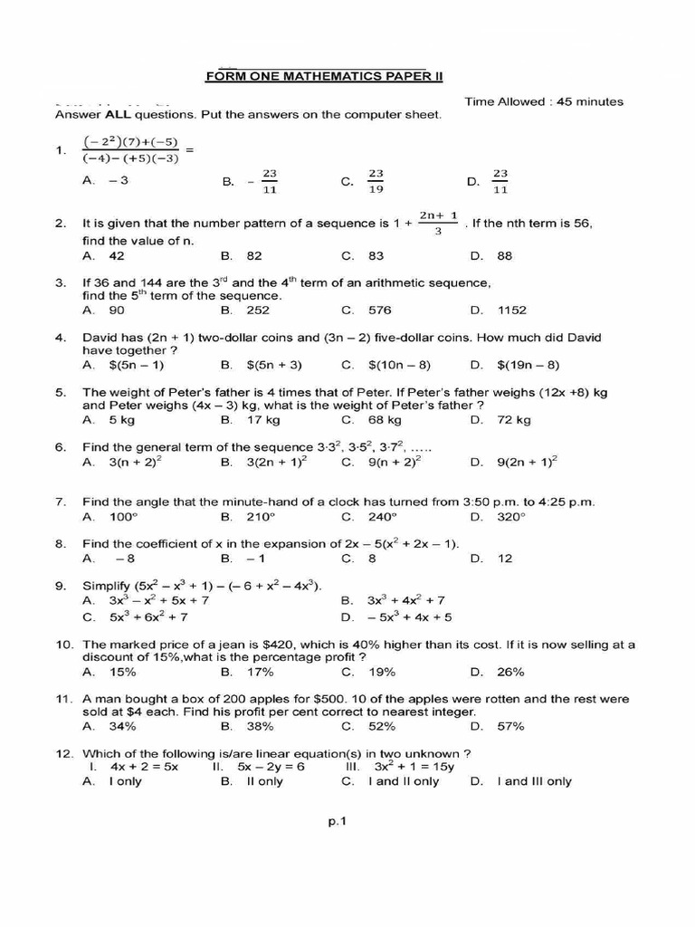 1011 - Math - MC - s1 - Final Exam Q&A | PDF