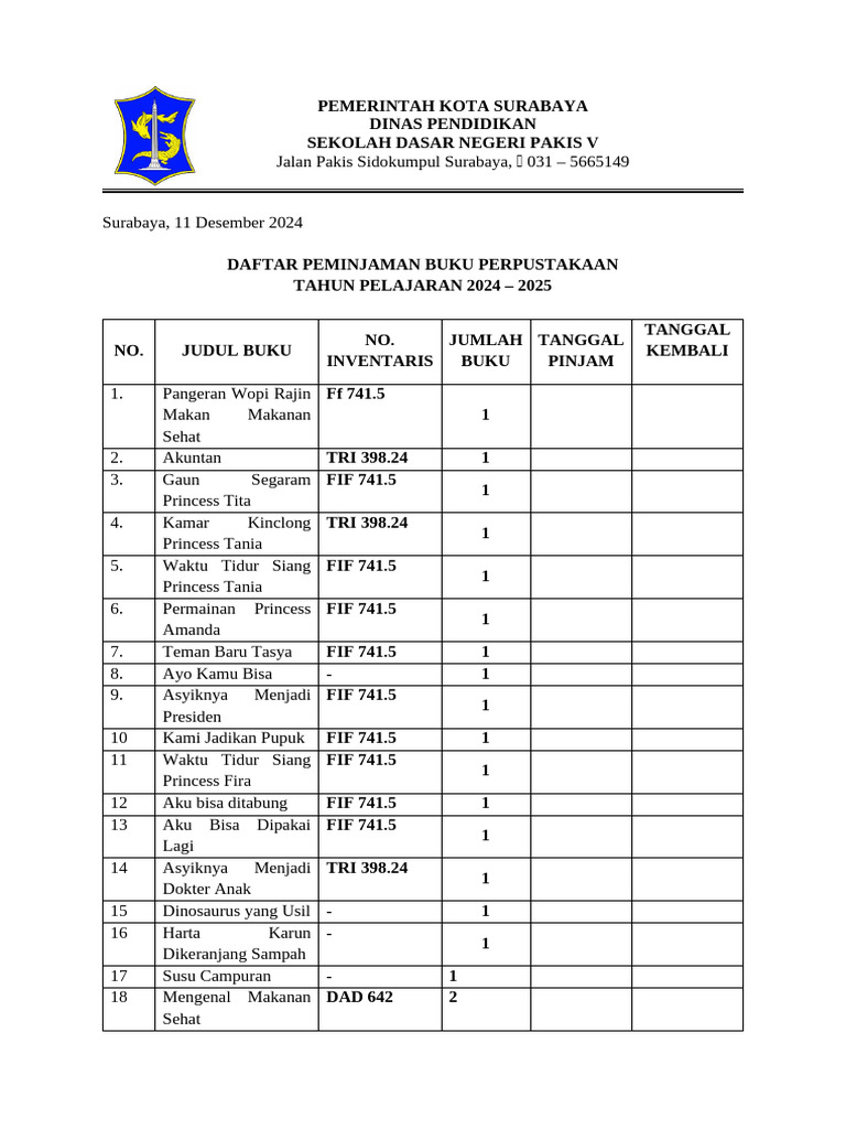 Peminjaman Buku Perpustakaan 2024 | PDF