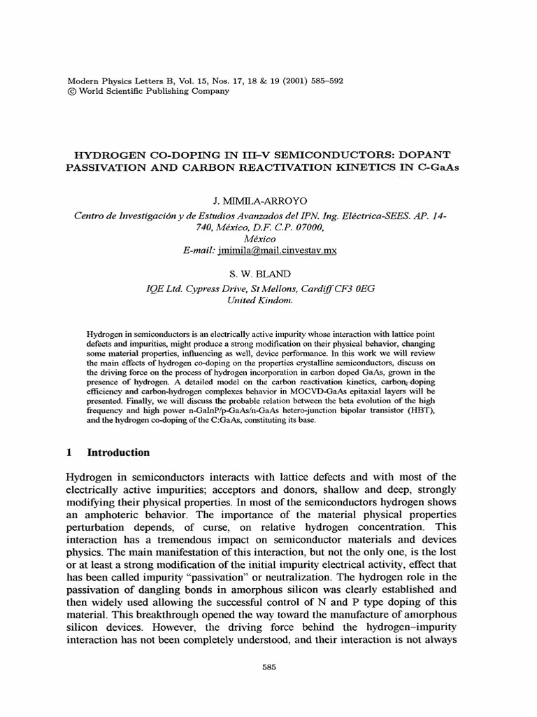 2001 - Modern Phys Lett B - Mimila Arroyo - Hydrogen Co-Doping in III-V Semiconductors Dopant ...