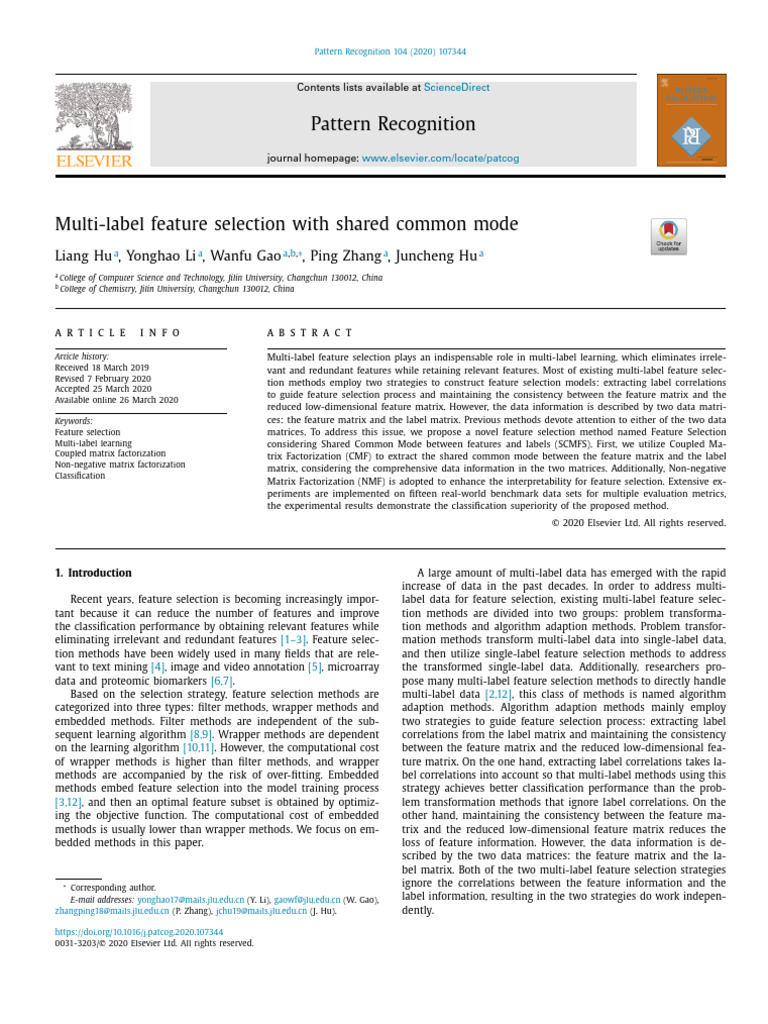 Multi-label feature selection with shared common mode | PDF | Matrix (Mathematics) | Support ...