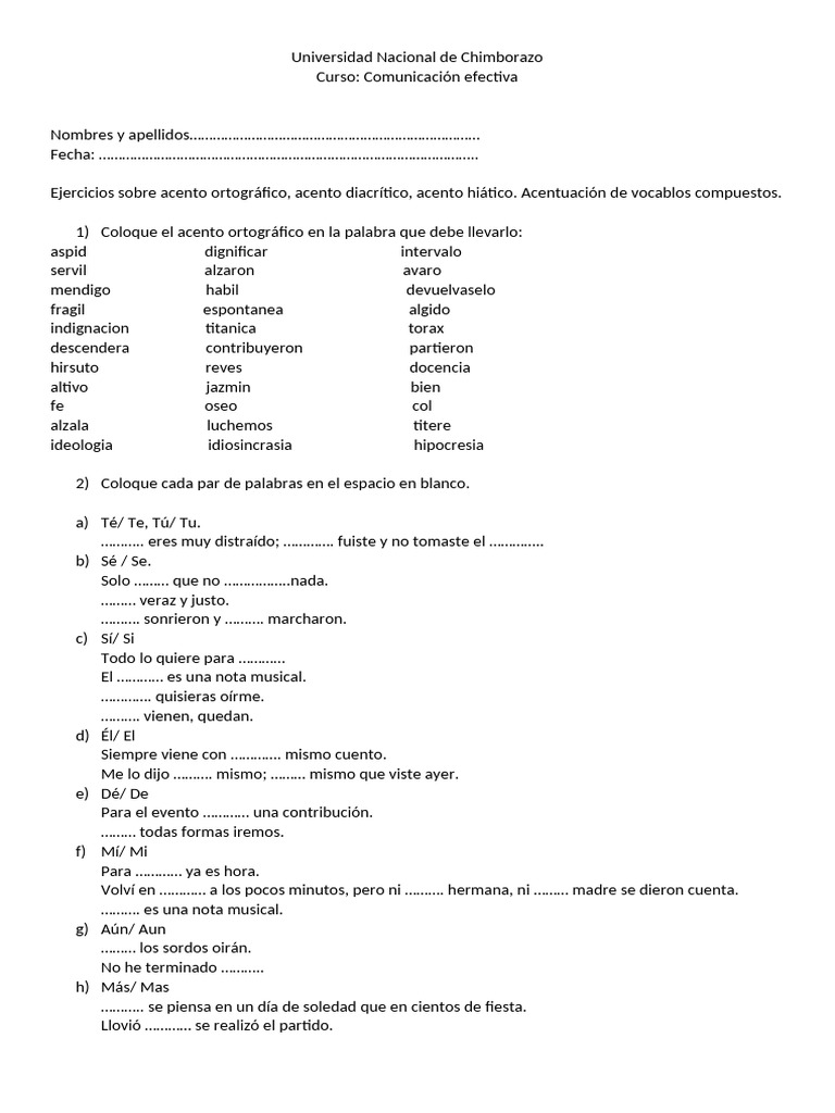 Ejercicios de Acentuación y Ortografía | PDF