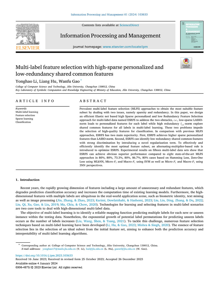 Multi-Label Feature Selection With High-Sparse Personalized and Low-Redundancy Shared Common ...