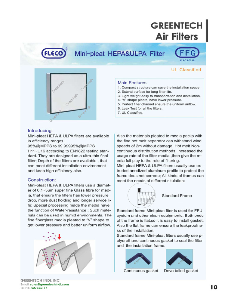 Greentech Fleco Mini-Pleat Hepa&Ulpa Filter | PDF