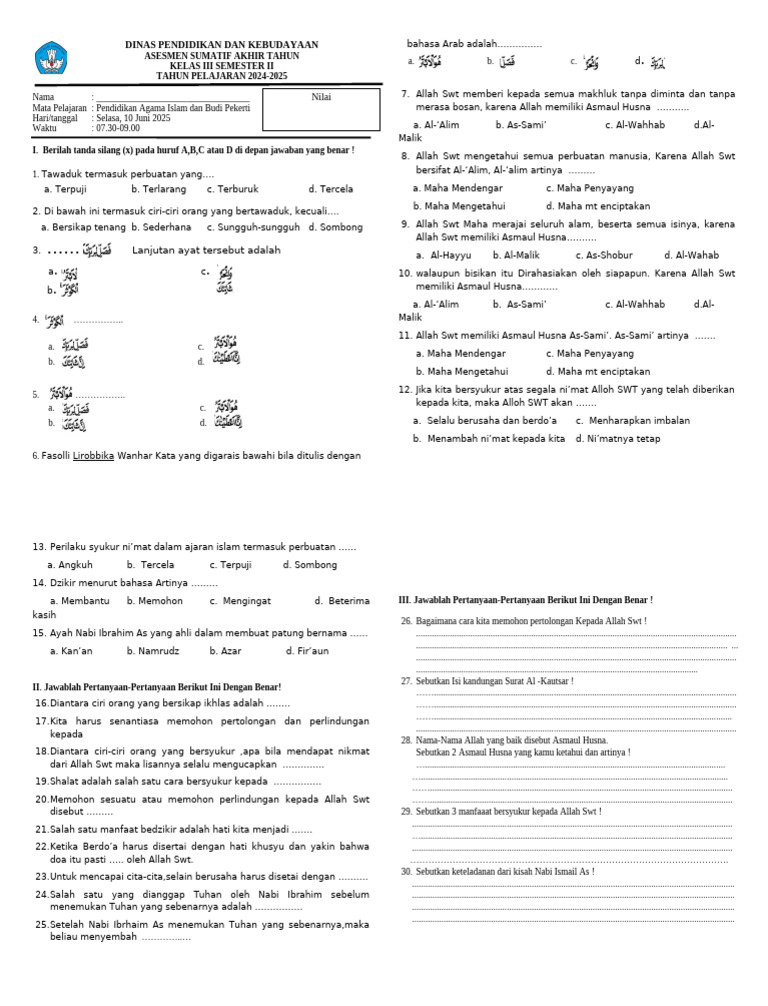 Soal Asat Kelas 3 Genap 2025 | PDF