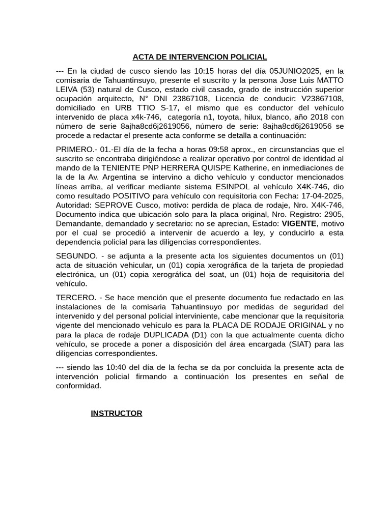 Acta de Intervencion Policial Vehiculo Con RQ | PDF