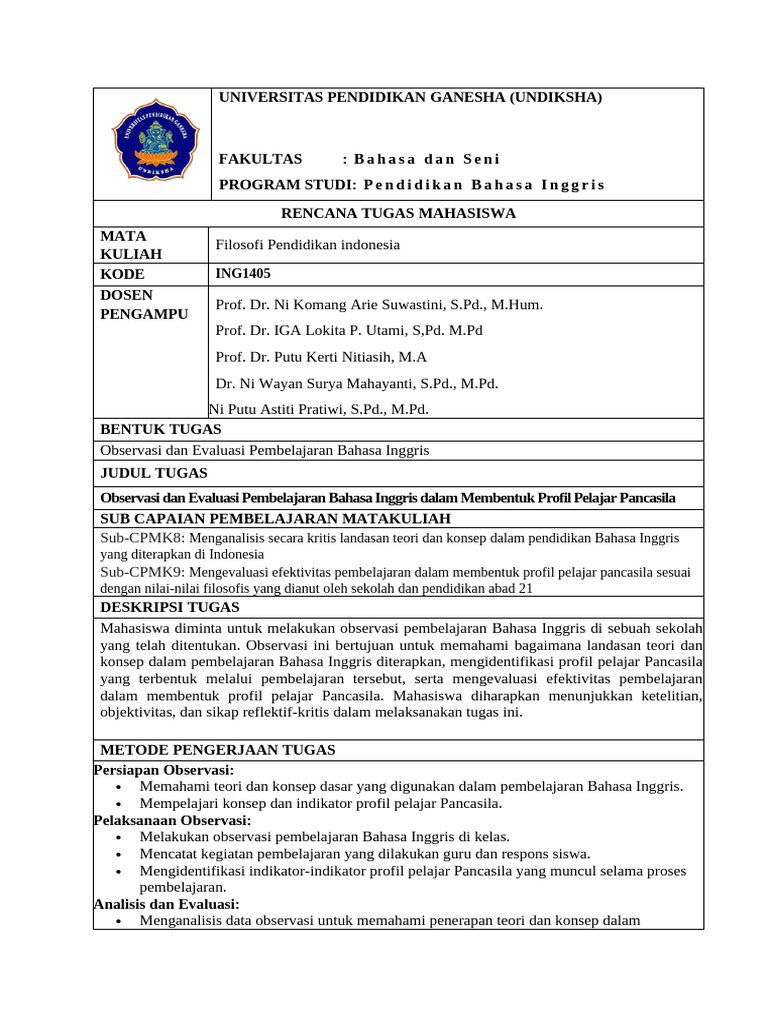 2024-Rancangan Tugas Mahasiswa-Filosofi Pendidikan Indonesia | PDF
