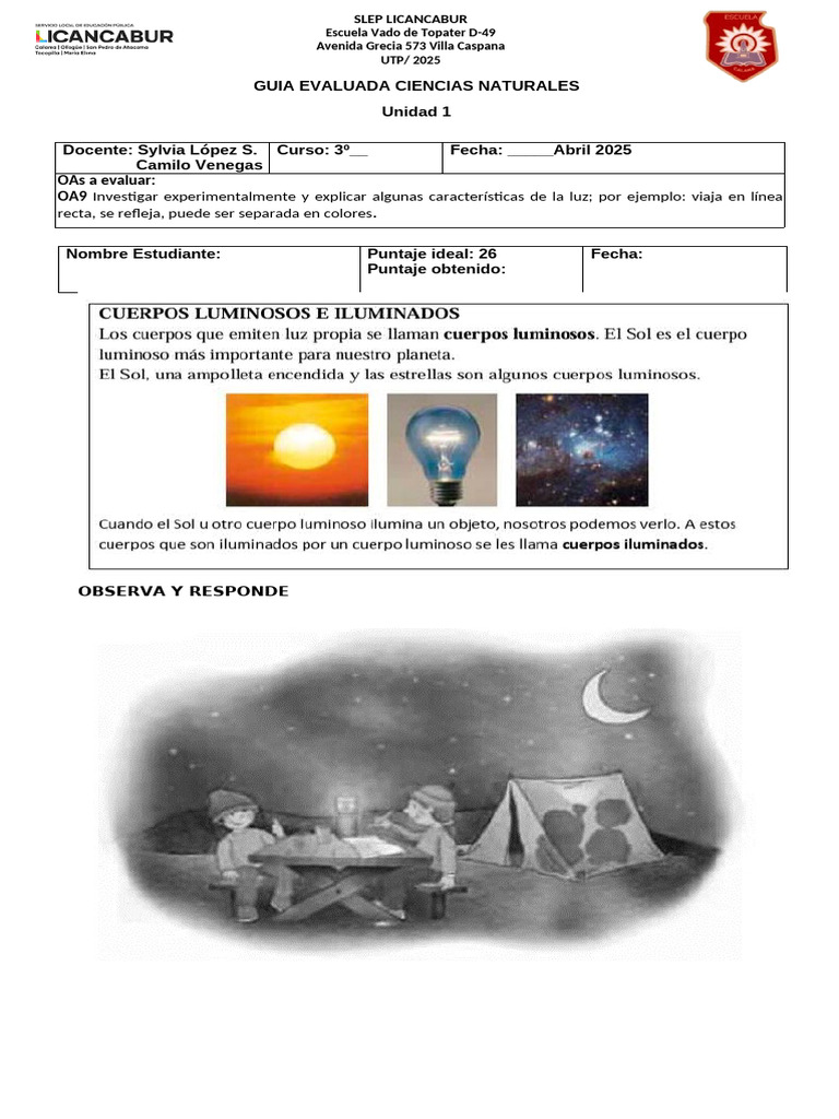 Guía Evaluada Unidad 1 Ciencias | PDF | Ligero | Física Aplicada e ...