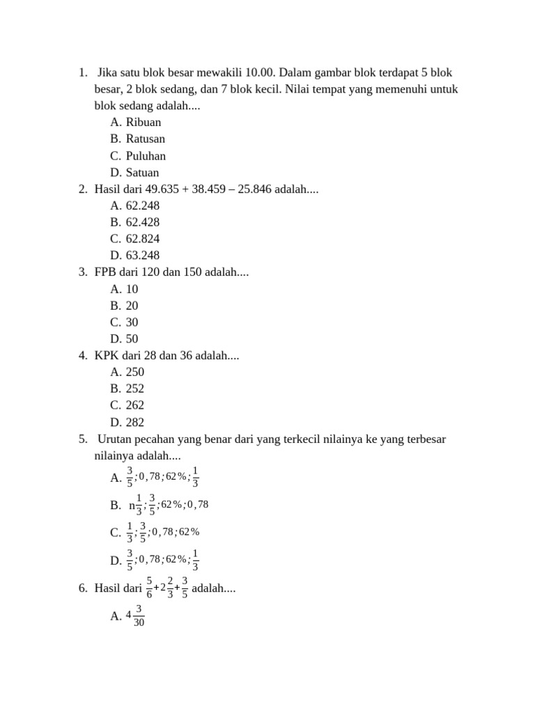 Soal Ujian Sekolah Matematika SD 2025 | PDF