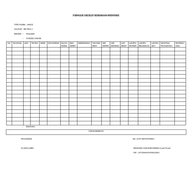 Formulir Ceklis Kendaraan Inventaris | PDF