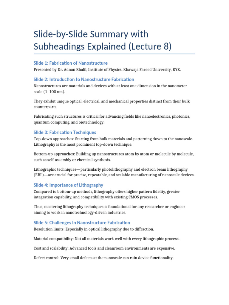 Nanostructure Fabrication Subheadings Explained | PDF ...