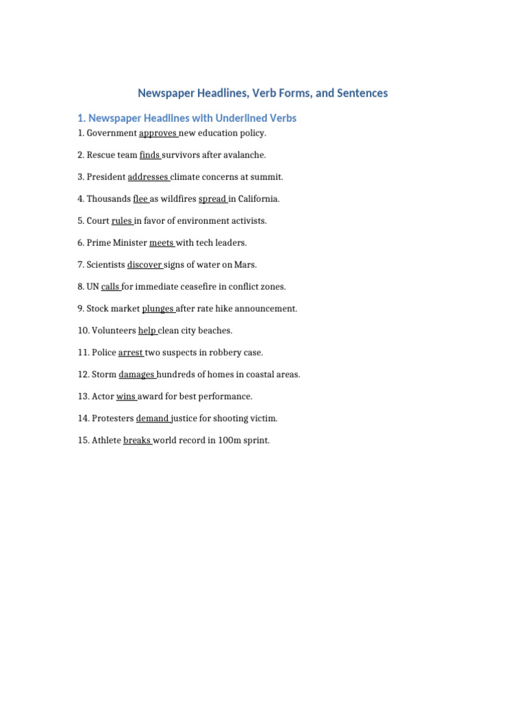 Full Newspaper Verb Sheet | PDF