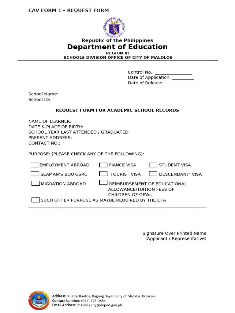 Cav Form 1 - Request Form - School | PDF