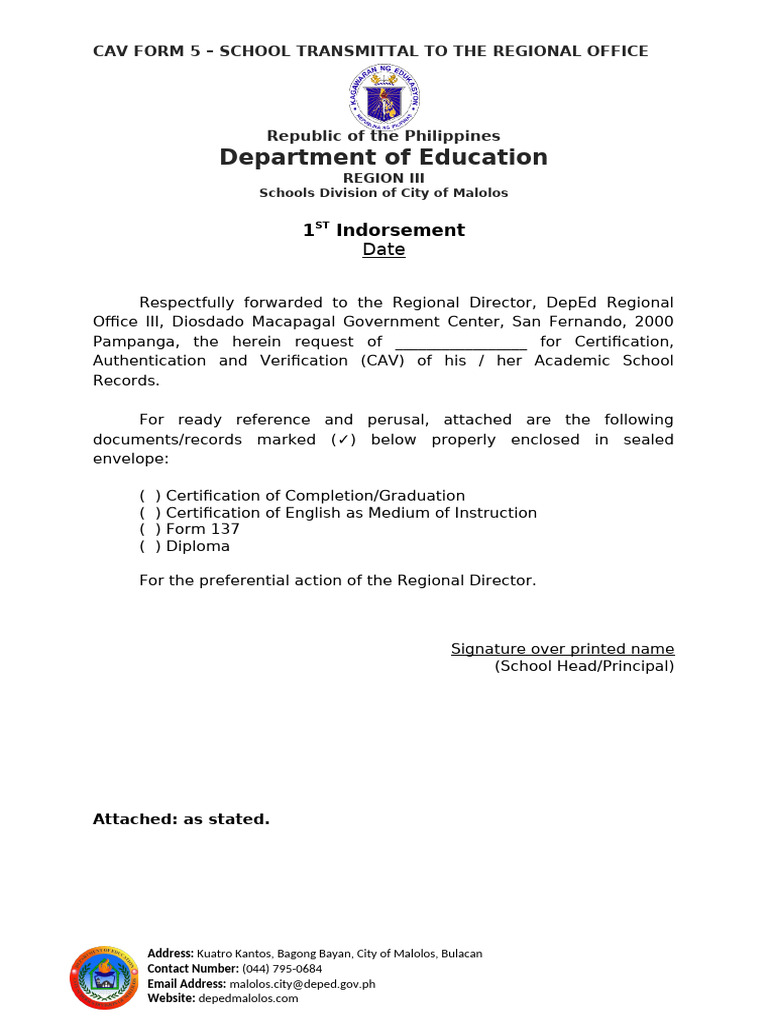 Cav Form 5 - School Transmittal To The Regional Office | PDF