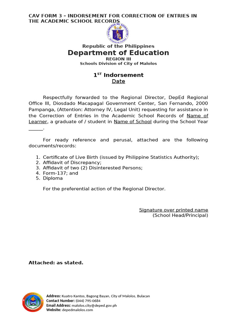 Cav Form 3 - Indorsement For Correction of Entries in The Academic ...