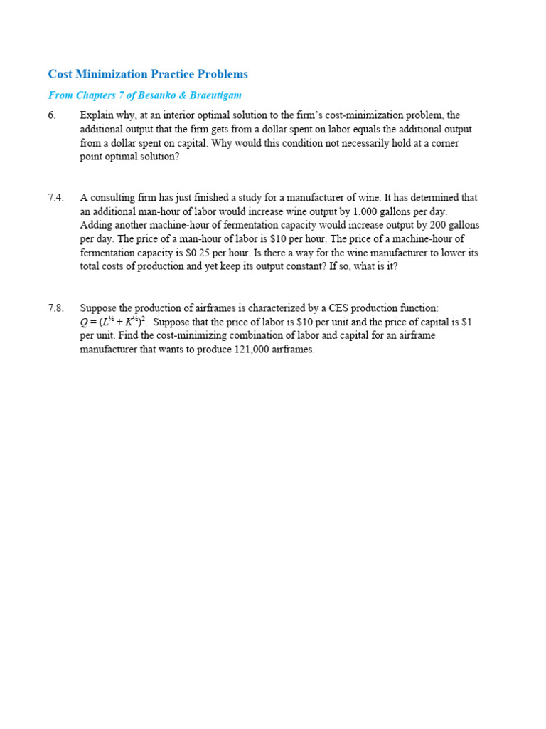 Cost Minimization Practice Problems | PDF | Production And ...