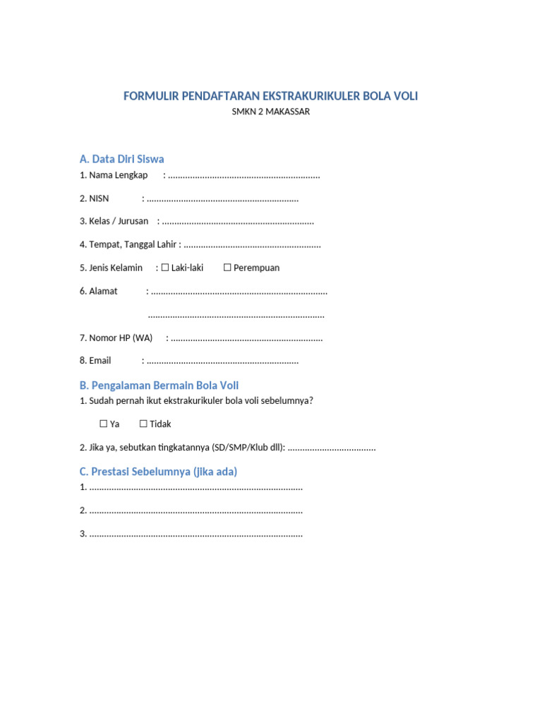 Formulir Pendaftaran Ekstrakurikuler Bola Voli SMKN2 Makassar | PDF