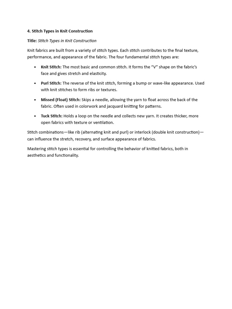 Stitch Types in Knit Construction | PDF