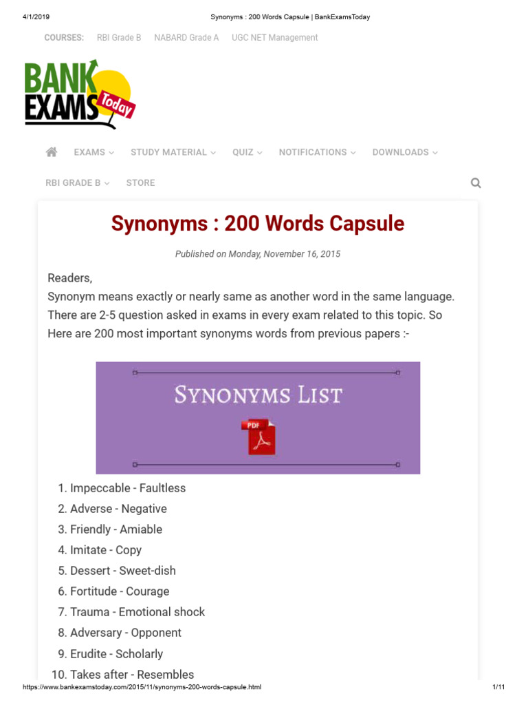 Synonyms - 200 Words Capsule - BankExamsToday | PDF