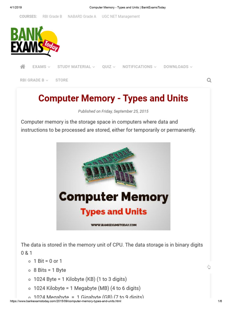 Computer Memory - Types and Units - BankExamsToday | PDF | Byte | Computer Data Storage