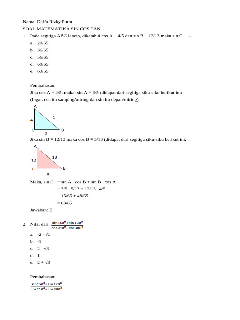 Soal Matematika Sin Cos Tan (Daffa Rizky Putra) | PDF