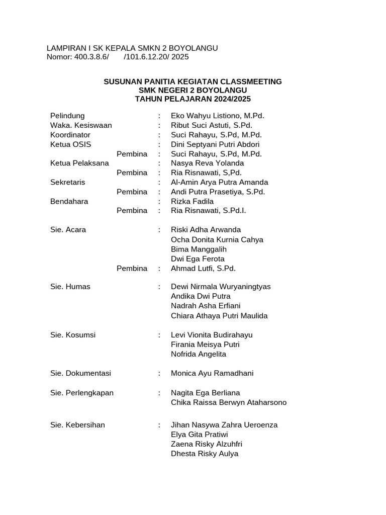 Lampiran I SK Kepala SMKN 2 Boyolangu - Class Meeting 2025 | PDF