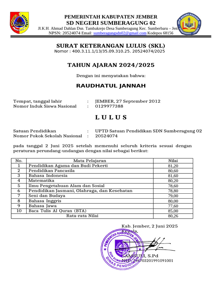 Surat Keterangan Lulus SD 2025 | PDF