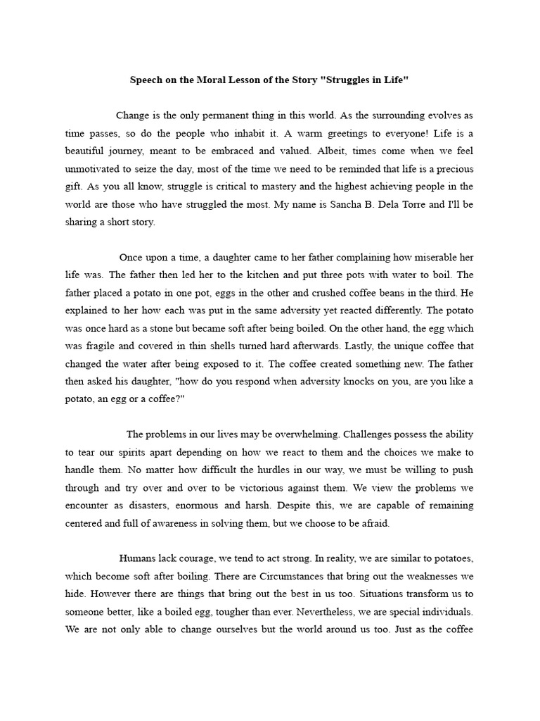 Speech-Moral Lesson of The Story "Struggles in Life" | PDF