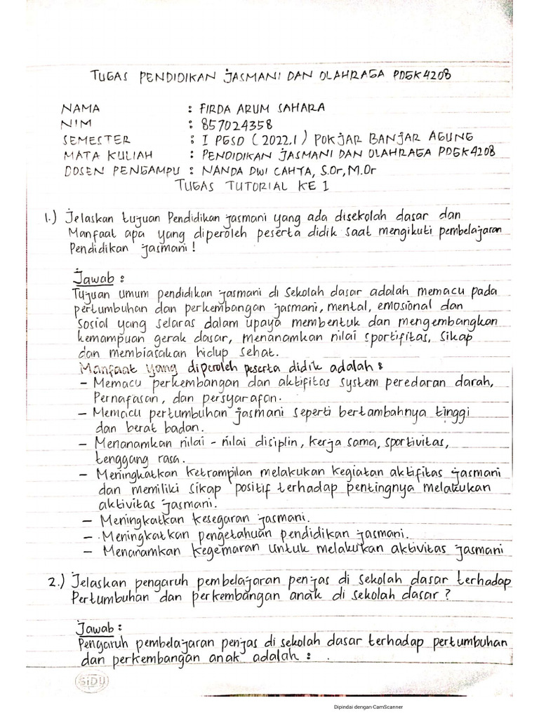 Tugas Tutorial 1 Pendidikan Jasmani Dan Olahraga Pdgk4208 - Firda Arum Sahara | PDF