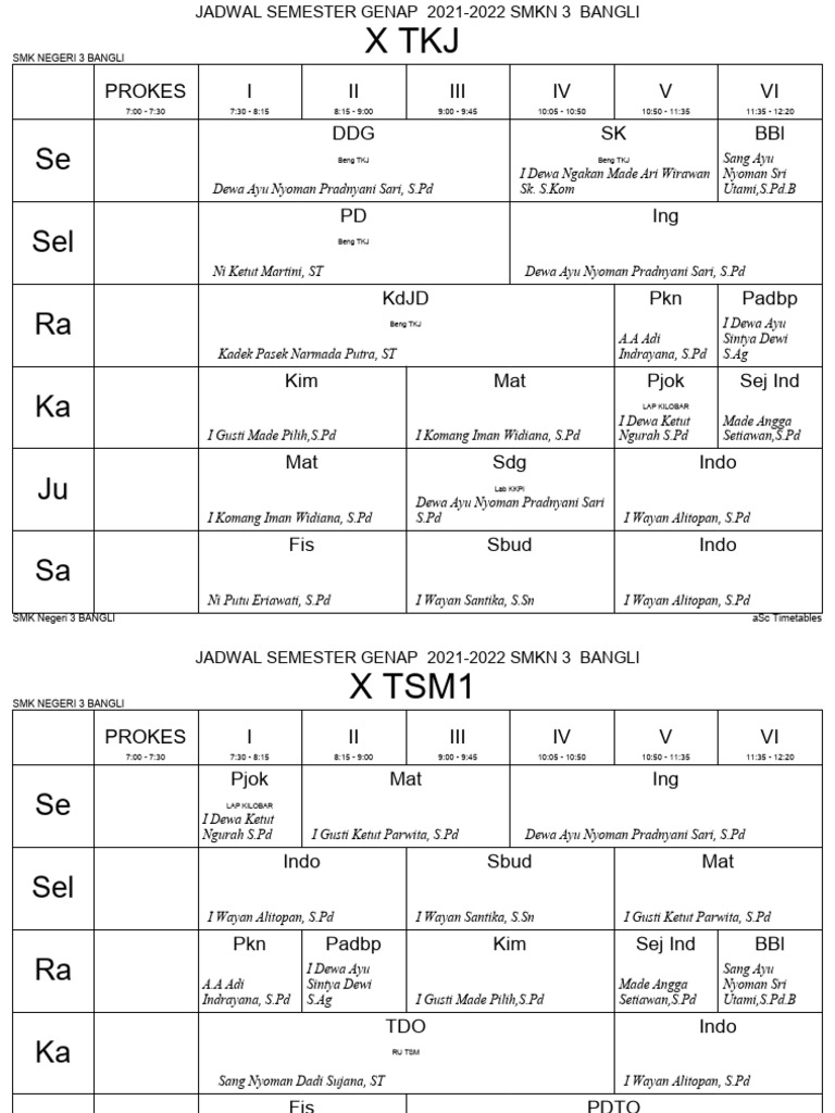 Jadwal Setiap Kelas 100 Edit 2021-2022 | PDF