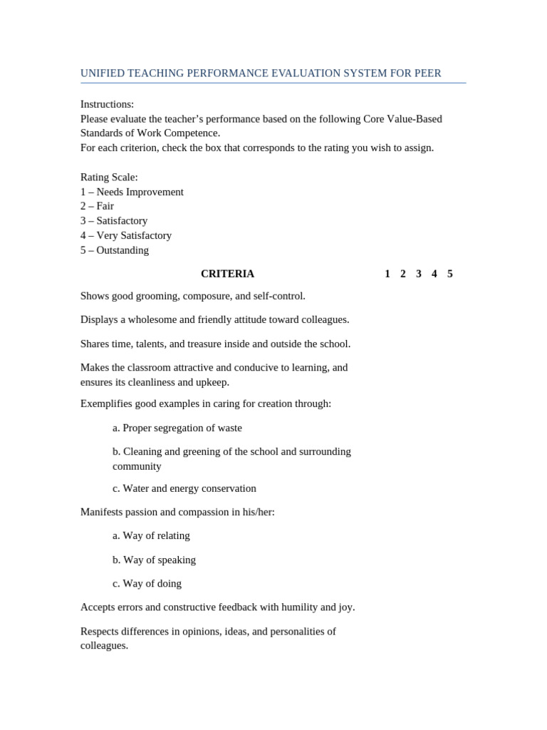 Unified Teaching Performance Evaluation System For Peer | PDF