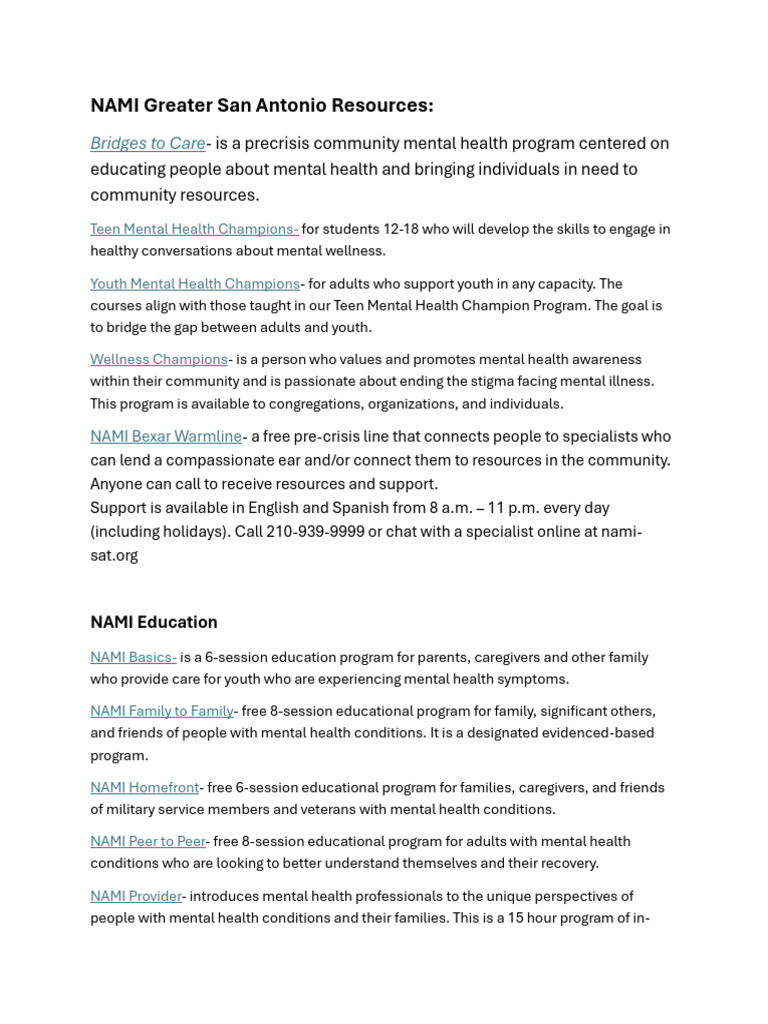 NAMI San Antonio Mental Health Resources | PDF | Mental Health | Disability