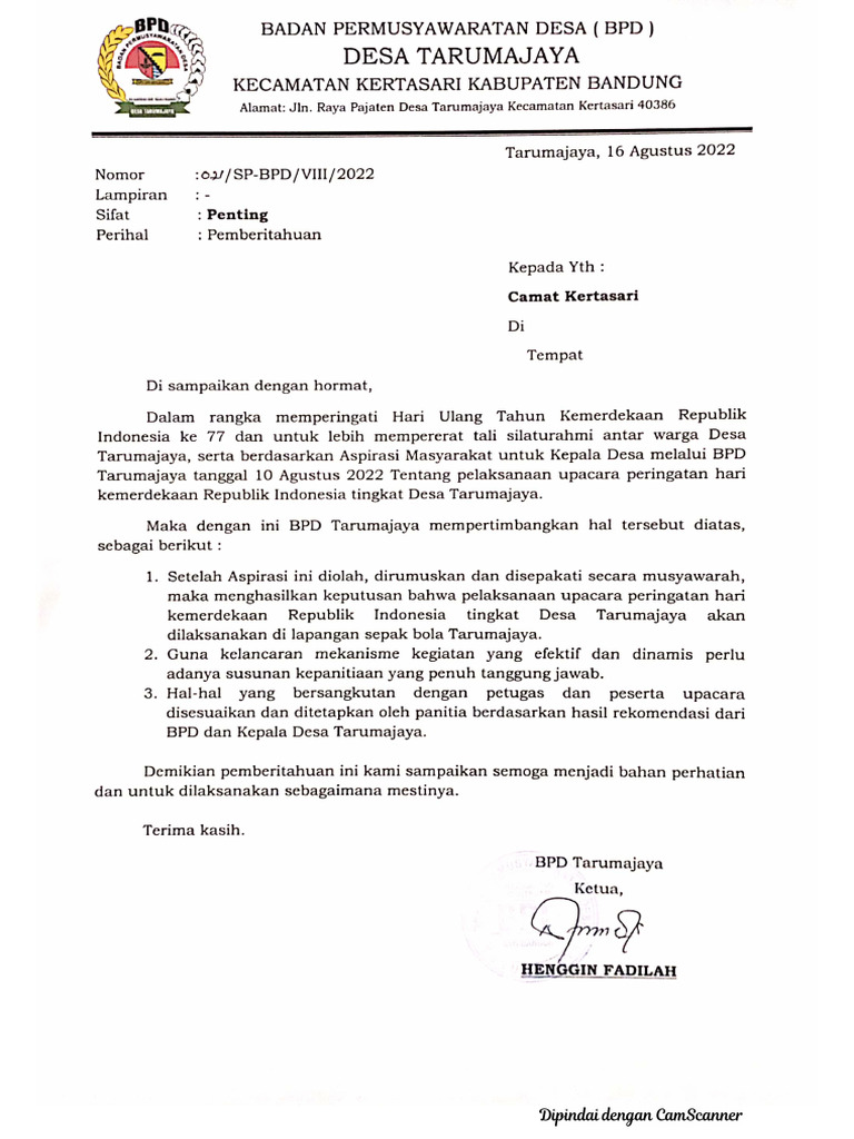 Surat Pemberitahuan Kepada Camat | PDF
