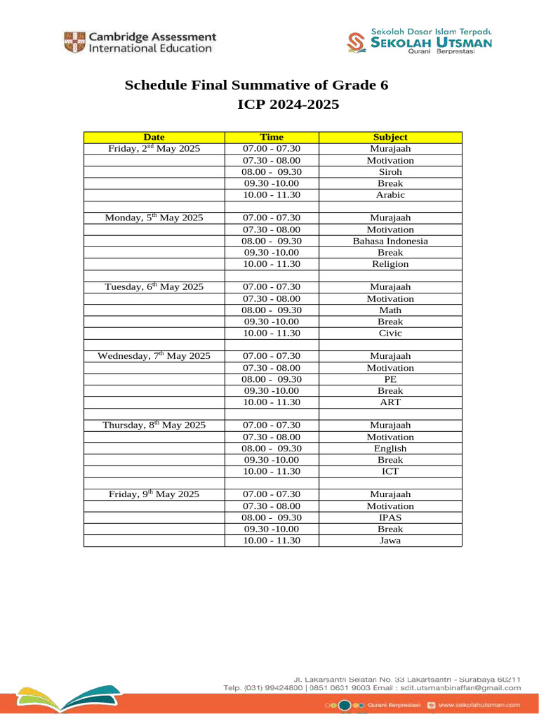 Schedule Summative of Grade 6 ICP | PDF