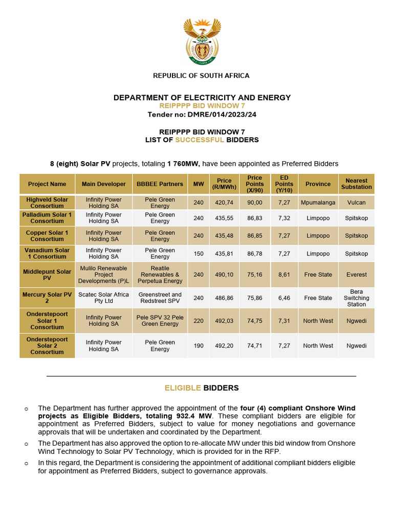 REIPPPP Bid Window 7 Solar Success | PDF | Solar Power | Renewable Energy